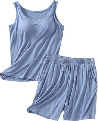 Generic Ensemble de Pyjama Femme Satin Short Sexy Combinaison Loisirs Camisole détente Taille Lastique Vêtements Nuit Court Set dété léger
