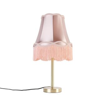 QAZQA Klassisch I Antik Klassische Tischlampe Messing mit Granny-Schirm rosa 30 cm - Simplo I Wohnzimmer I Schlafzimmer - Textil Rund - LED geeignet E27