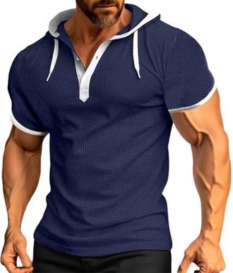 Generic T-shirt de sport d&eacute;t&eacute; pour homme - Sweat &agrave; capuche sans manches - Respirant - Sweat dext&eacute;rieur - Boutonni&egrave;re - Chemise de course slim Henley - Grandes