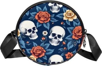 Generic Petit sac &agrave; bandouli&egrave;re circulaire pour femme, motif cr&acirc;nes, fleurs, petit sac &agrave; bandouli&egrave;re avec fermeture &eacute;clair, bretelles r&eacute;glables, sac &agrave; main ro