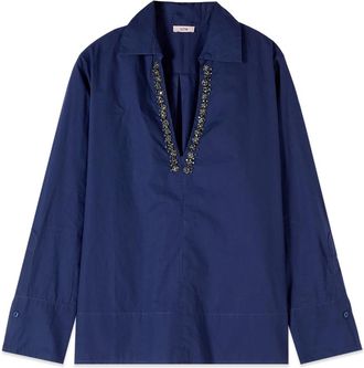 Oltre Femme, Blouses et Chemises, Bleu, Taille: 48 FR Blouse en coton avec cristaux