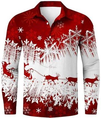 Generic Chemises de Noël pour homme - Imprimé Père Noël amusant - Bonhomme de neige - Chemise de Noël moche - Renne, élan, graphique 3D - Haut à manches longu