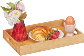 Relaxdays Tablett Bambus, HxBxT: 4 x 30 x 20 cm, Serviertablett mit Griffen, hoher Rand, Küchentablett rechteckig, Natur