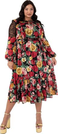 Lovedrobe Damen Lovedrobe Dames Plus Size Dress Dames Midi Evening Gown Lange Mouwen Mesh Collar Bloemen Roses A Lin Kleid, Flowers, 54 EU
