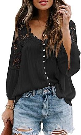 TOMWELL Femmes Blouse Dentelle Top Col V Élégant Manches Longues Tunique Casual Tops Chemise 3/4 Manches Évasées Top Ample Fluide Lady Blouses Couleur Unie Ha