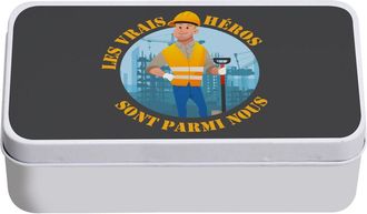 Fabulous Schwarze Metalldose - The Real Heroes - Bauarbeiter Handwerk, 11 x 18,5 x 5,5 cm, Aufbewahrungsbox, Schlüssel, Werkzeug, Brotdose, Zucker, Kekse