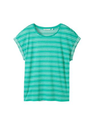 Tom Tailor Damen Basic T-Shirt mit Streifen, green white stripe, L