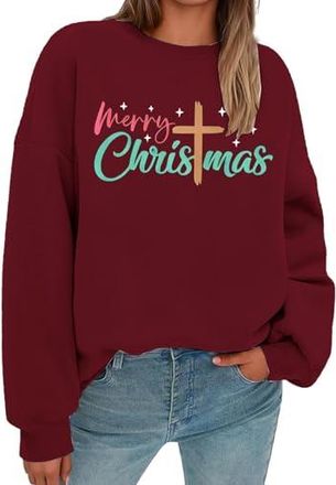 Generic Sweat-shirt de No&euml;l pour femme avec impression de lettres, chandail chr&eacute;tien, surdimensionn&eacute;, pull de vacances, pull dhiver confortable, v&ecirc;tements fes
