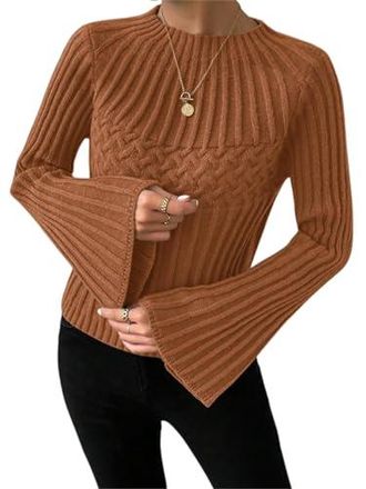 Generic Haut court &agrave; manches cloches pour femme - Tendance - L&eacute;ger - Col rond - En tricot c&ocirc;tel&eacute; - Couleur unie - D&eacute;contract&eacute; - Bordure en laitue, marron, XL
