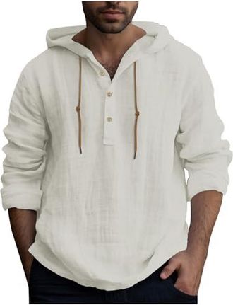 Generico Sweatshirts &agrave; capuche pour homme, chemise en lin, chemise &agrave; manches longues avec cordon de serrage r&eacute;gulier avec boutons, sweat pour gym et entra&icirc;neme