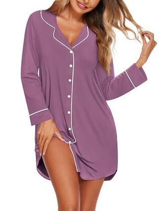 Ekouaer Chemise de Nuit Femme Manches Longues Hiver Chaude Grande Taille Maternit&eacute; Allaitement Boutonn&eacute;e Devant, Violet, L