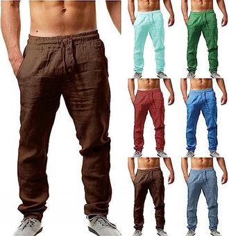 Generic Pantalon en lin pour homme - Coupe ajust&eacute;e - L&eacute;ger - Pour l&eacute;t&eacute; - Gym - Sport de plein air - Avec poches - Respirant - Cordon de serrage - Taille &eacute;last