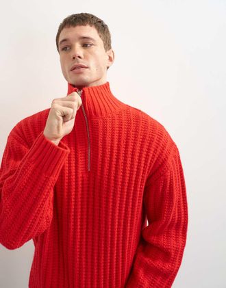 Topman Relaxed-Fit-Strickpullover mit Stehkragen und 1/4-Rei&szlig;verschluss in Rot