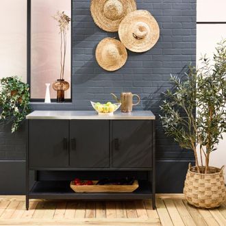 Sweeek Cuisine dext&eacute;rieure en acier noir 3 portes.1 &eacute;tag&egrave;re L120cm