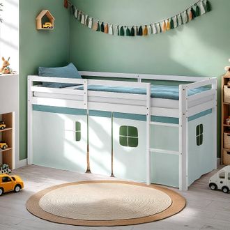 Homestyle4u Hochbett 90x200 gr&uuml;n mintgr&uuml;n Vorhang Kinderbett mit Rausfallschutz Kiefer Massiv Lattenrost Matratze