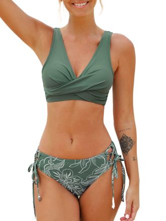 Cupshe Damen Bikini Set V Ausschnitt Crossover Lace Up Tank Low Waist Bademode Zweiteiliger Badeanzug Swimsuit Dunkelgrün XS