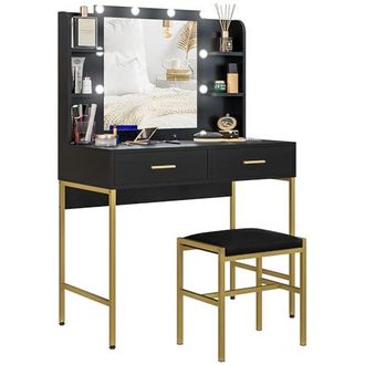 HOMCOM Coiffeuse Table de Maquillage avec Tabouret, Miroir et &eacute;clairage int&eacute;gr&eacute;, 2 tiroirs, &eacute;tag&egrave;res, Coiffeuse Moderne pour Chambre &agrave; Coucher, Noir