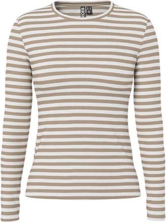 Pieces Pcruka Ls Top Noos T-Shirt Manches Longues, Silver Mink/Rayures : Cloud Dancer, L Femme