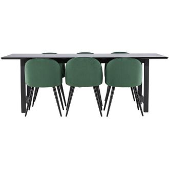 ebuy24 Oslo Essgruppe Esstisch 100x220cm schwarz und 6 Skagen Stuhl velour gr&uuml;n