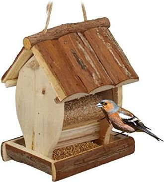 Relaxdays Vogelfutterhaus, Wildvogel Futterstelle zum Aufhängen, HBT: 20 x 15,5 x 13 cm, Vogelhäuschen aus Holz, Natur