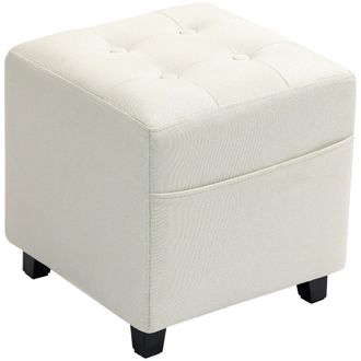 HOMCOM Wohnzimmer Fu&szlig;hocker Leinen gepolstert niedrigen Hocker Ottoman Square Ottoman mit Seitentasche Deckel mit gepolsterten Kn&ouml;pfen und Holzrahmen f&uuml;r Woh