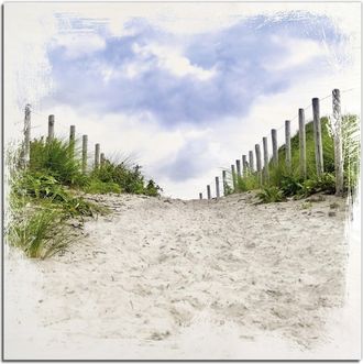 Wallario Wandbild aus Holz Auf dem Weg zum Strand durch Dünen - 40 x 40 cm in Premium-Qualität: Brillante Farben