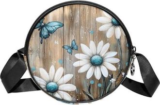 Generic Petit sac &agrave; bandouli&egrave;re circulaire pour femme, motif papillons et marguerites sur planche rustique, petit sac &agrave; dos &agrave; bandouli&egrave;re avec fermeture &eacute;clai