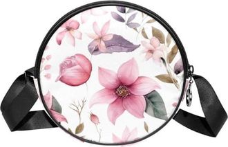 Generic Petit sac &agrave; bandouli&egrave;re circulaire pour femme, motif feuilles florales, sac &agrave; dos avec fermeture &eacute;clair, bretelles r&eacute;glables, sac &agrave; main rond d&eacute;contra