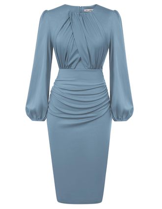 Grace Karin Damen Elegantes Lang&auml;rmliges Partykleid mit Plissiertes Wickelrock mit Hoher Taille Grau Blau 2XL