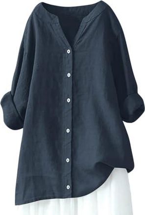 Generic Hauts d&eacute;t&eacute; en lin pour femmes, chemises en gaze d&eacute;contract&eacute;es &agrave; franges pour printemps, tuniques surdimensionn&eacute;es &agrave; manches 3/4, chemisier &agrave; manches l