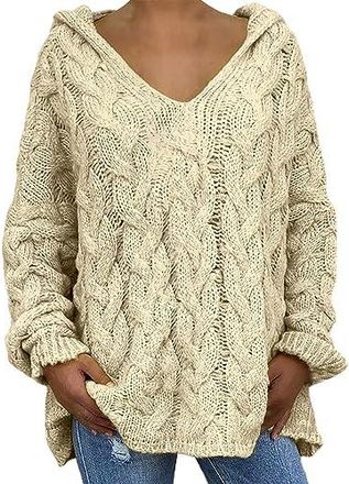 Generic 2026 Vestes dautomne d&eacute;contract&eacute;es pour femmes &agrave; manches longues en tricot &agrave; capuche manteau veste couleur unie tops pull, beige, M