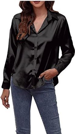 Generic Chemisier &eacute;l&eacute;gant pour femme - Chemisier en satin pour femme - Long chemisier d&eacute;contract&eacute; &agrave; manches boutonn&eacute;es - Chemisier &eacute;l&eacute;gant &agrave; col en V - Haut e