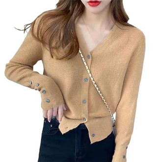 Generic Pull dhiver d&eacute;contract&eacute; &agrave; col en V pour femme - Haut tendance cor&eacute;en &agrave; manches longues - Solide et basique, Kaki, taille unique