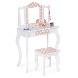 IDMarket Coiffeuse enfant ROZA blanche et rose avec 3 miroirs et tabouret