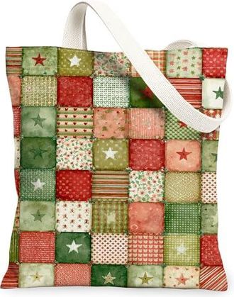 Generic Sacs fourre-tout en toile patchwork de No&euml;l, motif &eacute;toiles et coeurs, sacs &agrave; provisions r&eacute;utilisables, vintage, l&eacute;gers, lavables Ca, rouge/vert, 13x15