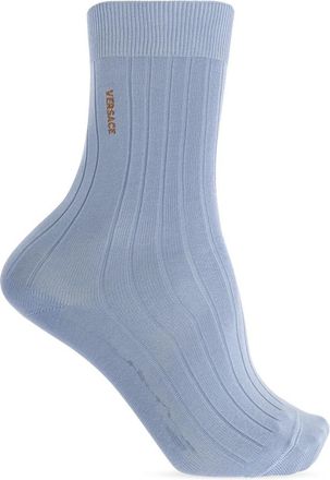 Versace Femme, Sous-v&ecirc;tements, Bleu, Taille: M Chaussettes c&ocirc;tel&eacute;es en coton brod&eacute;