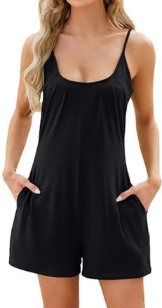 Generic Short d&eacute;t&eacute; ample pour femme - Combinaison noire pour femme - Courte formelle - Salopette &agrave; bretelles r&eacute;glables - Combinaison grande taille avec poches