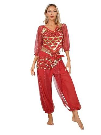 TiaoBug Femme D&eacute;guisement Indienne Princesse Robe de Danse du Ventre Paillette Haut Top de Danse Orientale et Harem Pantalon Costume Carnaval Halloween Rouge 