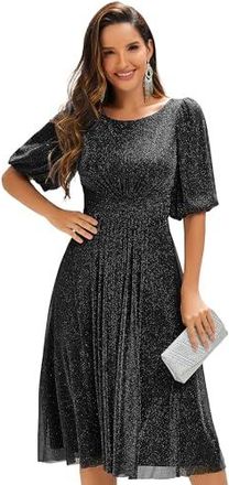 Ever-pretty Robe de Soir&eacute;e Femme Mi-Longue &Eacute;vas&eacute;e avec Manches Bouffantes Ceinture Haute C&eacute;r&eacute;monies F&ecirc;tes Noir 48