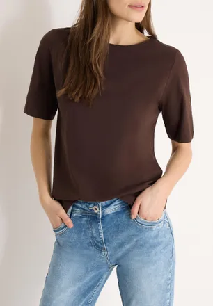 Cecil Kurzarmshirt CECIL, Damen, Gr. L (42), braun (macchiato braun), Jersey, Obermaterial: 100% Baumwolle, unifarben, normal h&uuml;ftbedeckend, Rundhals, Shirt