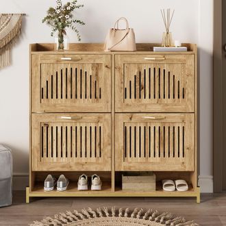 Merax Schuhschrank Schmal mit 4 Klappen, Schuhkipper schmal, Moderner Schuhkommode, Holztüren mit vertikalen Belüftungslöchern, mit Metallfüßen, für den Ein