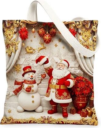 Generic Sacs fourre-tout en toile avec P&egrave;re No&euml;l, bonhomme de neige, d&eacute;coration de vacances, sacs d&eacute;picerie r&eacute;utilisables, vintage, l&eacute;gers, lavables, Rouge, 1