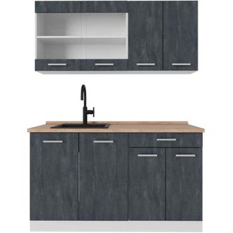 Vicco Mini Küche R-Line, Schwarz Beton/Weiß, 140 cm ap Eiche