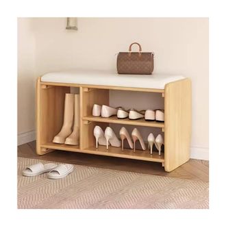 Generic 3-stufige Schuhregalbank for Den Eingangsbereich Mit Gepolsterter Sitzfläche Aus PU-Leder, Flurbank Aus Massivholz(80 x 30 x 42 cm)