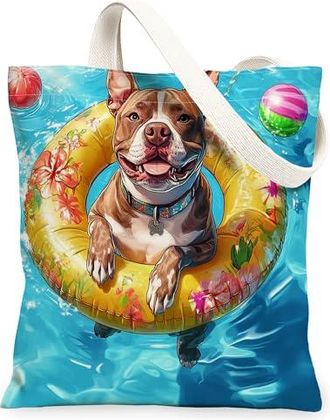 Generic Sac fourre-tout amusant en toile motif chien Pitbull pour faire du shopping, 33 x 38,1 cm, sac &agrave; bandouli&egrave;re r&eacute;utilisable pour femme, peinture danimau