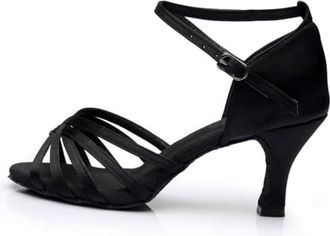 Healifty Sandales &agrave; Talons Hauts Latines Femme 7 Cm Cuir Synth&eacute;tique Noir Semelle Souple Confortable Danse Soir&eacute;e Usage Quotidien