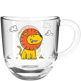 Leonardo Leonardo Bambini Glas-Tasse, Kinder-Becher aus Glas mit Tier-Motiv, sp&uuml;lmaschinengeeignete Tee-Tasse, L&ouml;we orange gelb, 1 St&uuml;ck, 280 ml, 022898