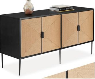 TecTake Buffet 150 x 47 x 77 cm, Buffet Salon 4 Portes Aspect Jute Naturelle, Meuble de Rangement 4 Compartiments, Meuble Salon, Salle a Manger, Vaisselier, B