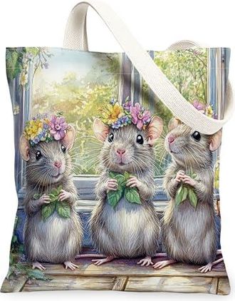 Generic Sac fourre-tout en toile avec motif de rat printanier et souris pour faire du shopping, 33 x 38,1 cm, motif animal en pot, sac d&eacute;picerie r&eacute;utilisable 