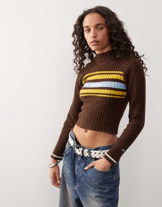 Kickers Pullover in Braun mit Retro-Streifen und hohem Ausschnitt